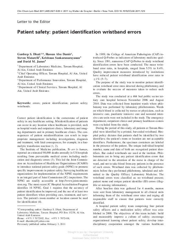 (PDF) Patient safety: patient identification wristband errors
