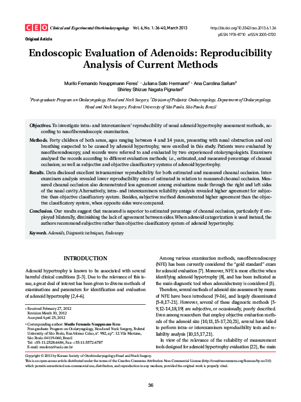 (PDF) Endoscopic Evaluation of Adenoids: Reproducibility Analysis of ...