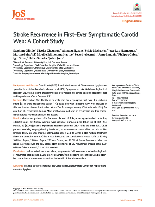 (PDF) Stroke Recurrence in First-Ever Symptomatic Carotid Web: A Cohort ...