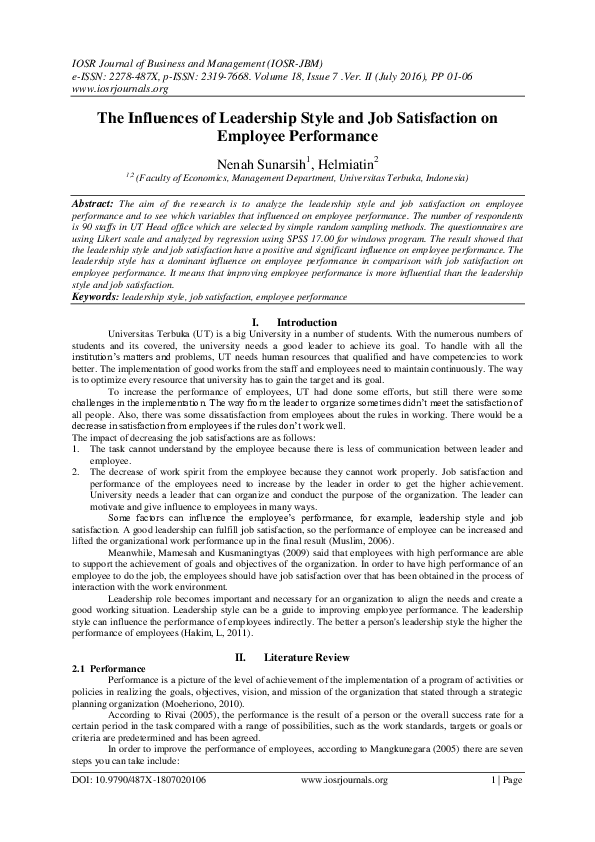 (PDF) The Influences of Leadership Style and Job Satisfaction on Employee Performance