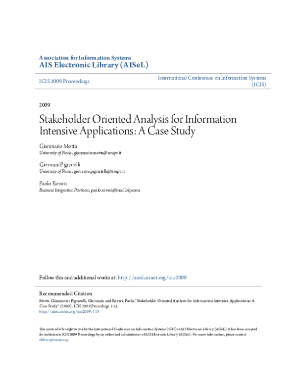 (PDF) Stakeholder Oriented Analysis for Information Intensive Applications: A Case Study