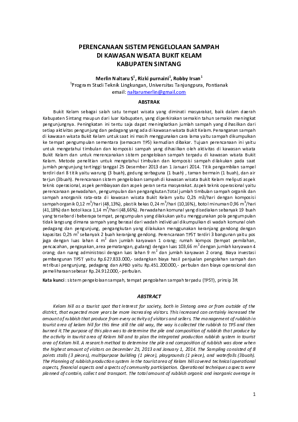 (PDF) Perencanaan Sistem Pengelolaan Sampah DI Kawasan Wisata Bukit Kelam Kabupaten Sintang