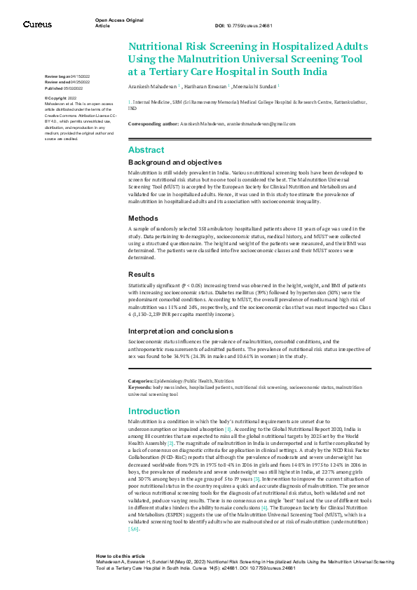 (PDF) Nutritional Risk Screening in Hospitalized Adults Using the ...