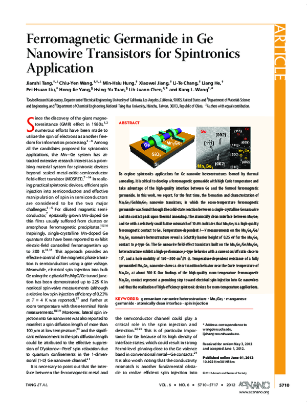(PDF) Ferromagnetic Germanide in Ge Nanowire Transistors for Spintronics Application