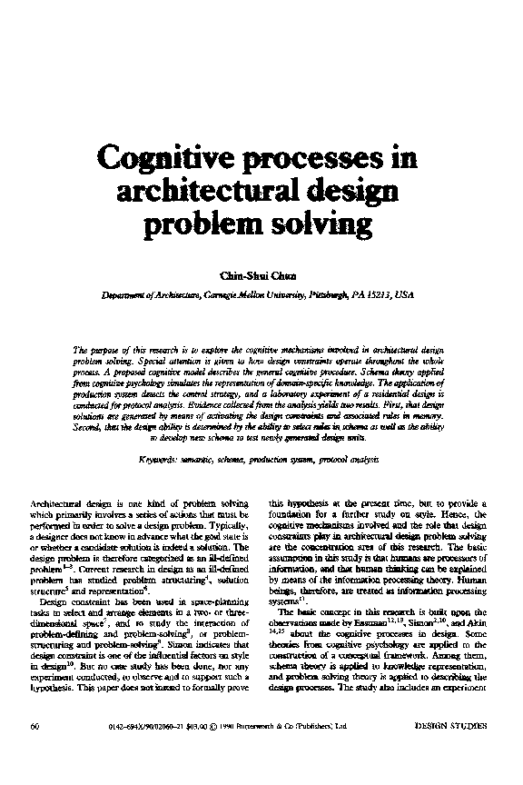 Pdf Cognitive Processes In Architectural Design Problem Solving