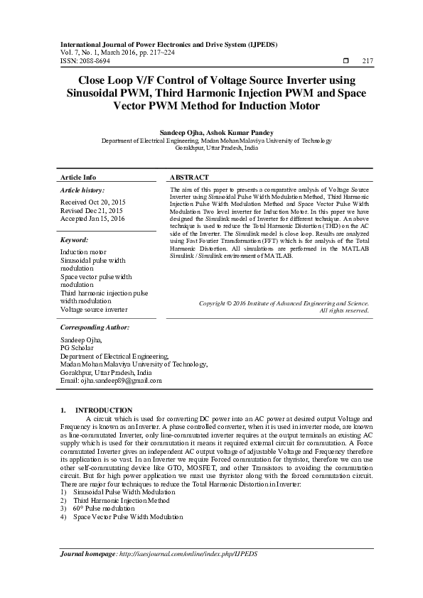 (PDF) Close Loop V/F control of Voltage Source Inverter using Sinusoidal PWM, Third Harmonic ...