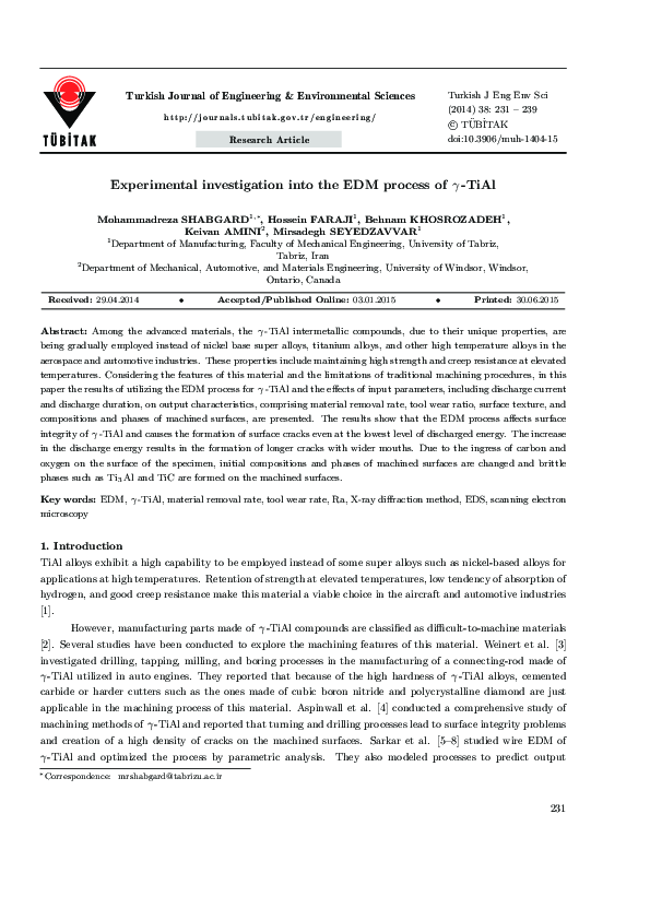 (PDF) Experimental investigation into the EDM process of $\gamma $-TiAl | Mirsadegh Seyedzavvar ...