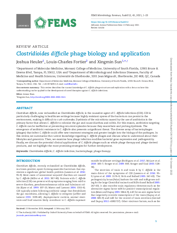 (PDF) Clostridioides difficile phage biology and application