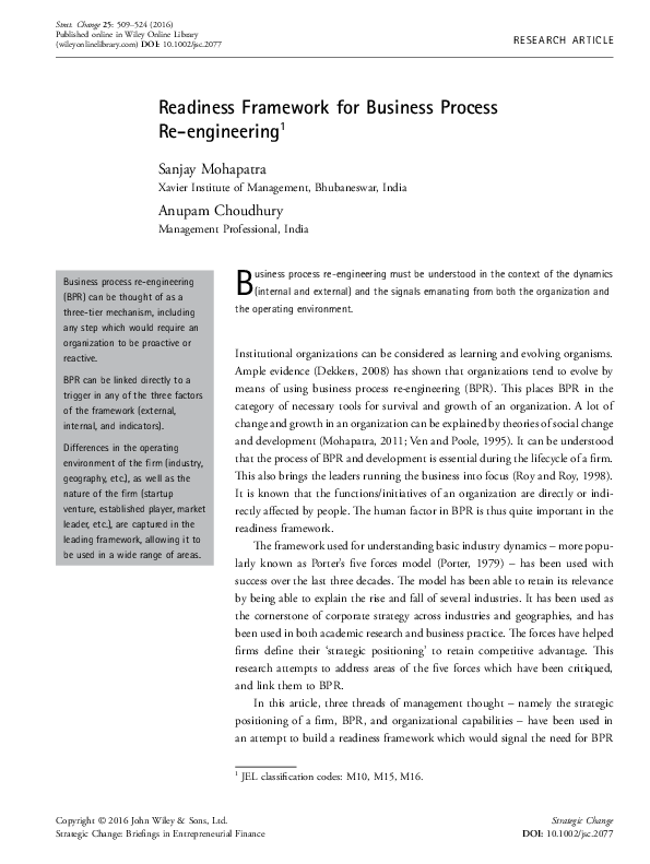 (PDF) Readiness Framework for Business Process Re-engineering