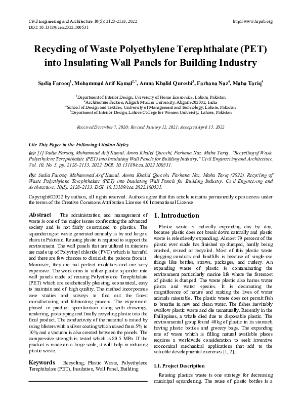 (PDF) Recycling of Waste Polyethylene Terephthalate (PET) into Insulating Wall Panels for ...