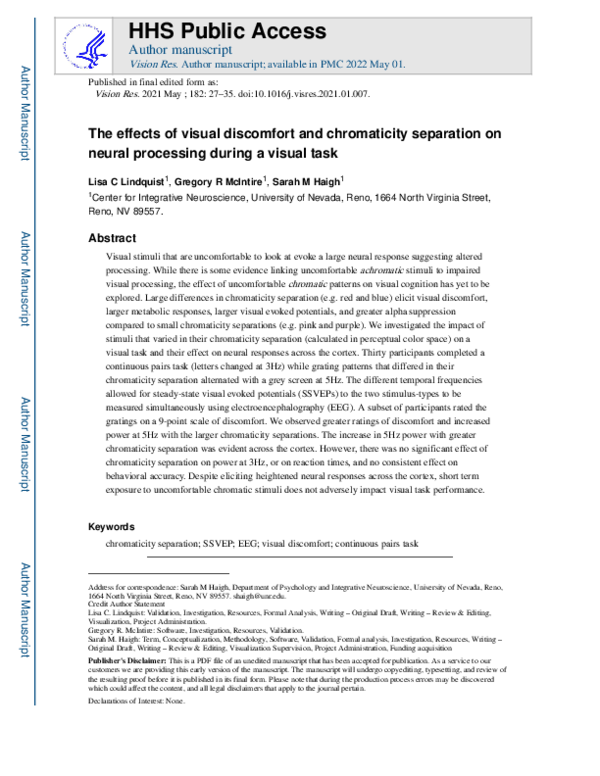 (PDF) The effects of visual discomfort and chromaticity separation on neural processing during a ...