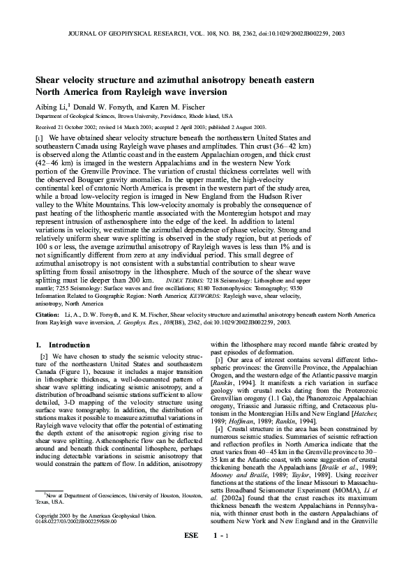 (PDF) Shear velocity structure and azimuthal anisotropy beneath eastern North America from ...