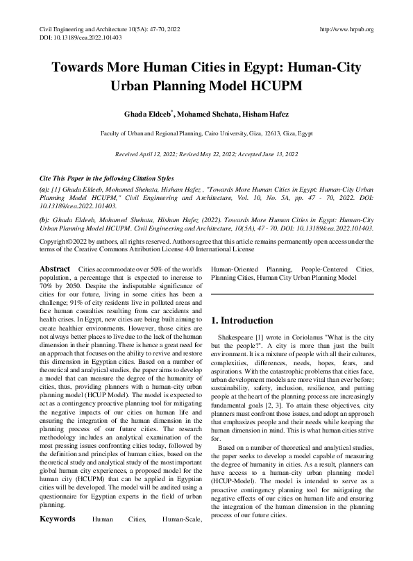 (PDF) Towards More Human Cities in Egypt: Human-City Urban Planning ...