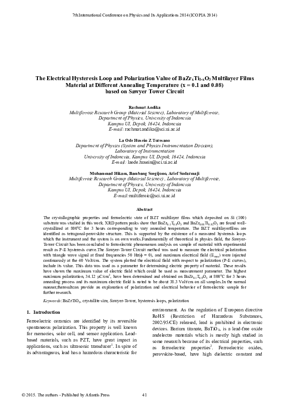 (PDF) The Electrical Hysteresis Loop and Polarization Value of BaZrxTi1 ...