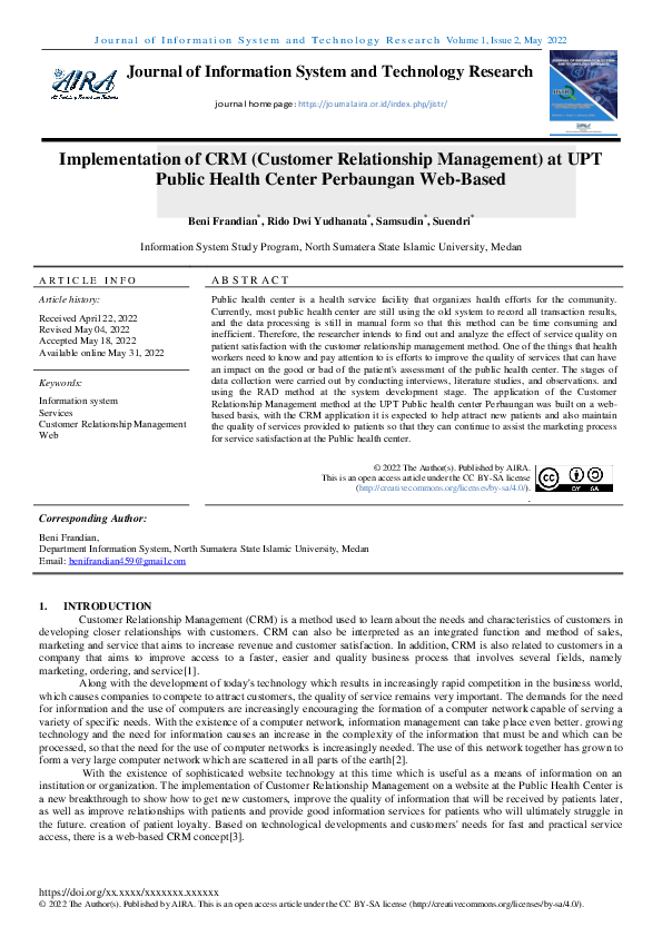 Pdf Implementation Of Crm Customer Relationship Management At Upt Public Health Center