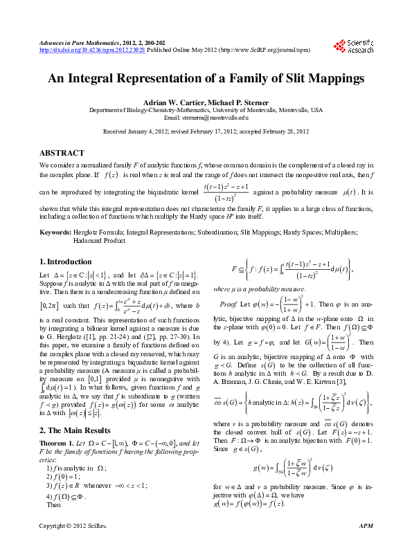 (PDF) An Integral Representation of a Family of Slit Mappings