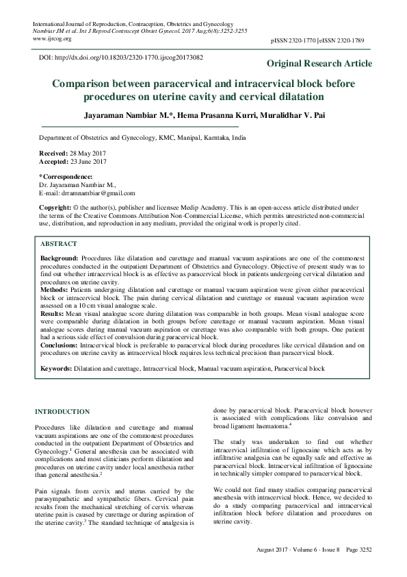 (PDF) Comparison between paracervical and intracervical block before procedures on uterine ...