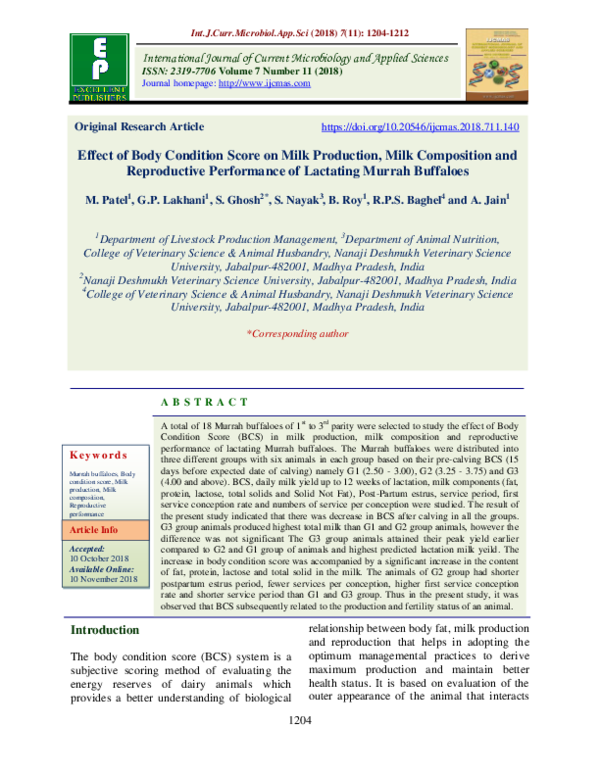 (PDF) Effect of Body Condition Score on Milk Production, Milk Composition and Reproductive ...