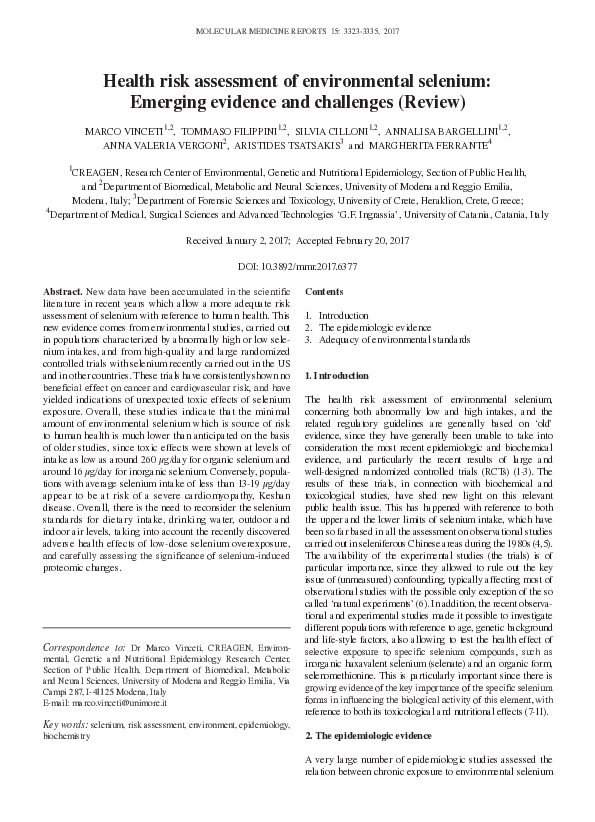 (PDF) Health risk assessment of environmental selenium: Emerging ...
