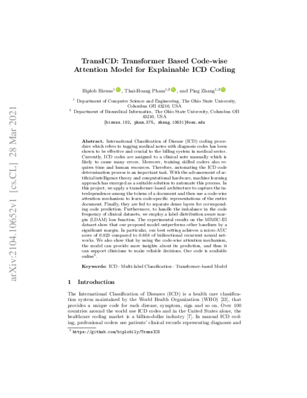 (PDF) TransICD: Transformer Based Code-Wise Attention Model for Explainable ICD Coding