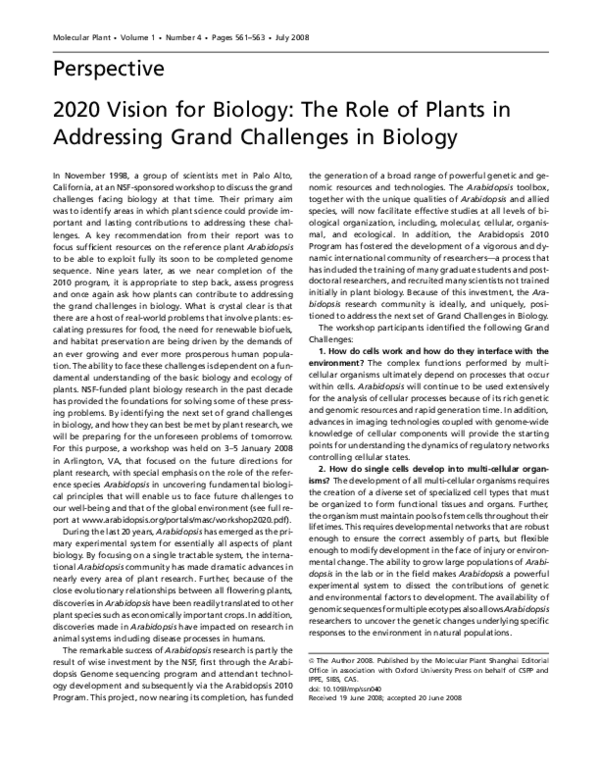 (PDF) 2020 Vision for Biology: The Role of Plants in Addressing Grand ...