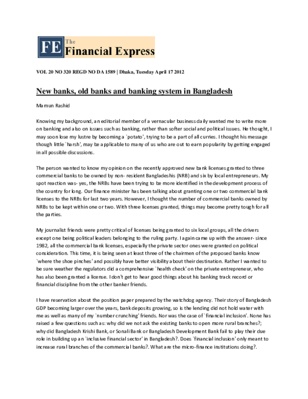 (PDF) New banks, old banks and banking system in Bangladesh