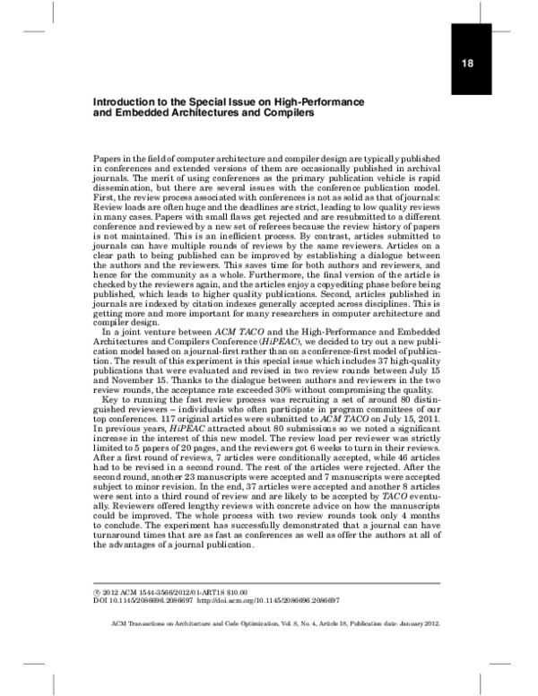 Pdf Introduction To The Special Issue On High Performance And Embedded Architectures And Compilers