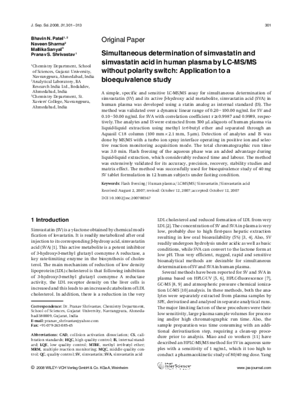 (PDF) Simultaneous determination of simvastatin and its hydroxy acid form in human plasma by ...