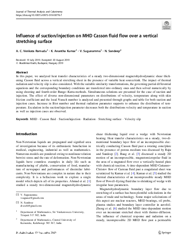 (PDF) Influence of suction/injection on MHD Casson fluid flow over a vertical stretching surface