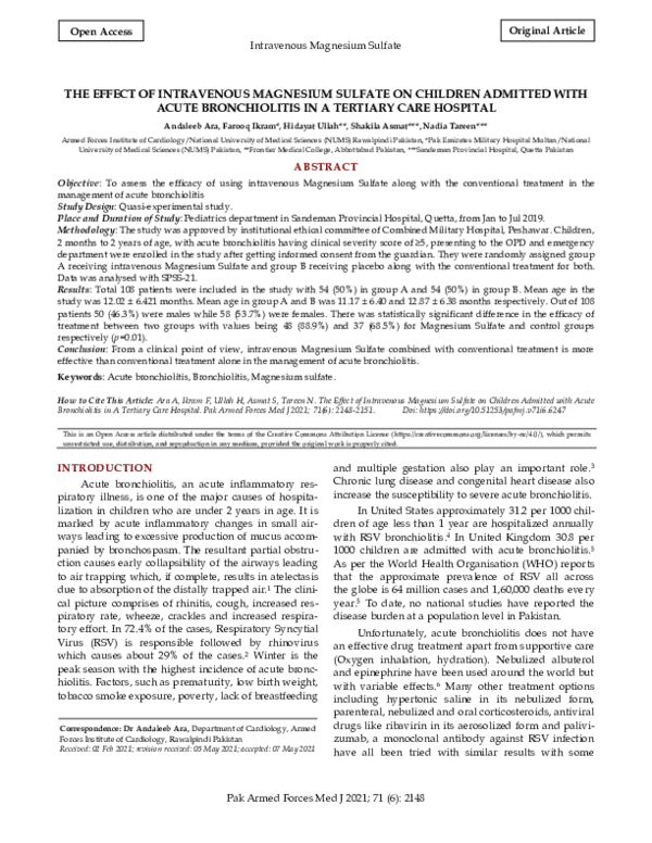 (PDF) The Effect of Intravenous Magnesium Sulfate on Children Admitted ...