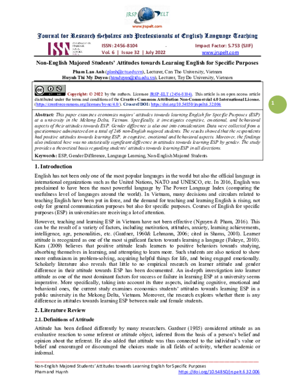 (PDF) Non-English Majored Students' Attitudes towards Learning English for Specific Purposes