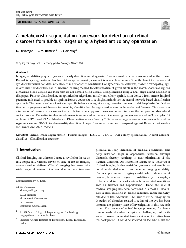 Pdf A Metaheuristic Segmentation Framework For Detection Of Retinal