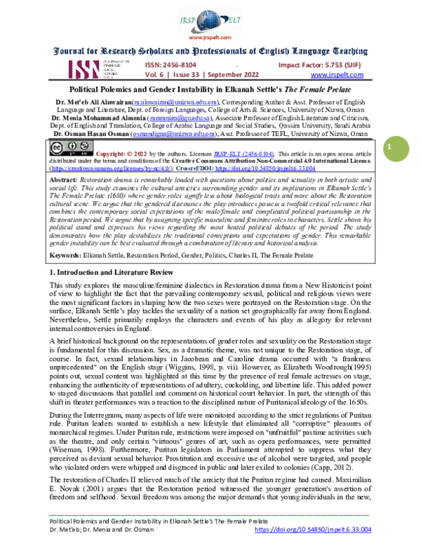 (PDF) Political Polemics and Gender Instability in Elkanah Settle's The ...