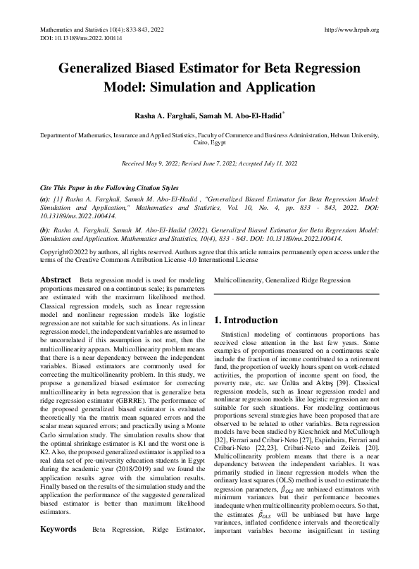 (PDF) Generalized Biased Estimator for Beta Regression Model: Simulation and Application