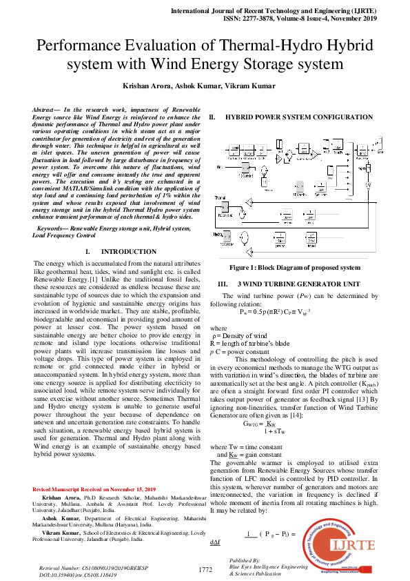 (PDF) Performance Evaluation of Thermal-Hydro Hybrid system with Wind ...