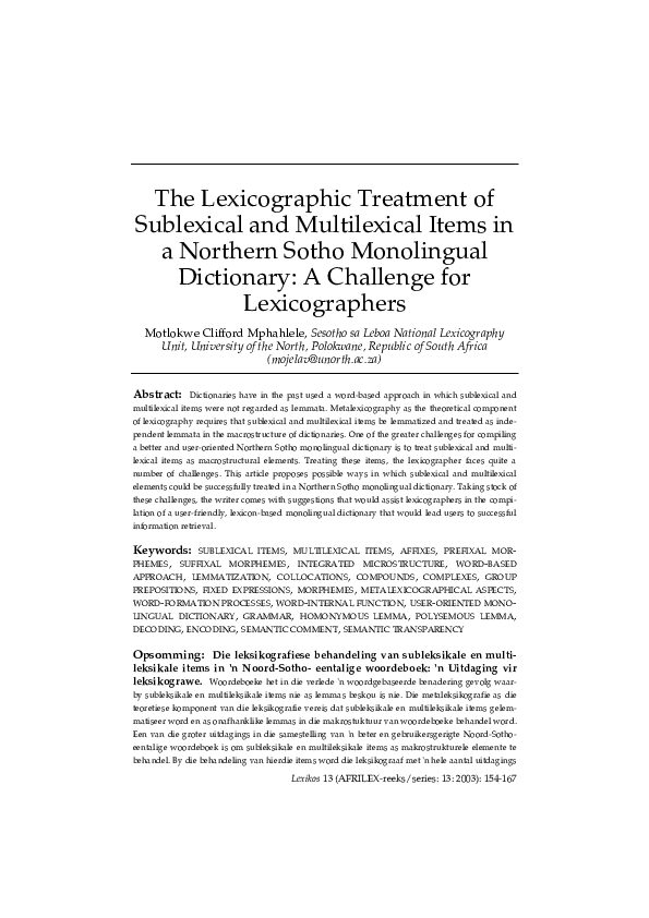 (PDF) The lexicographic treatment of sublexical and multilexical items ...