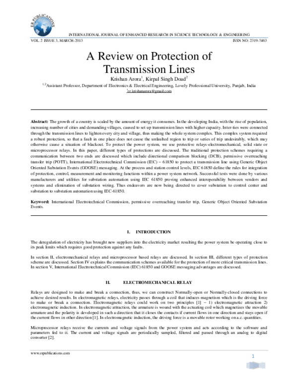(PDF) A Review on Protection of Transmission Lines