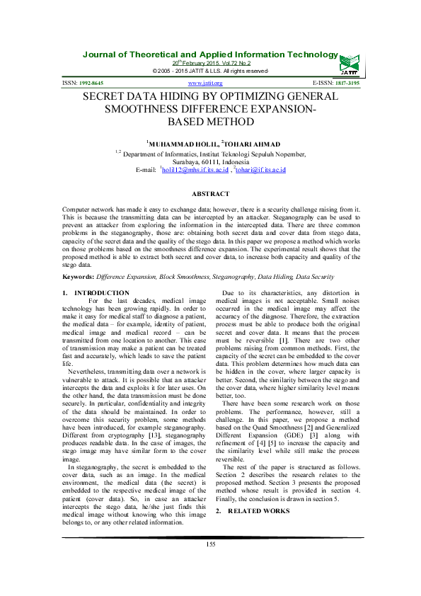 Pdf Secret Data Hiding By Optimizing General Smoothness Difference Expansion Based Method