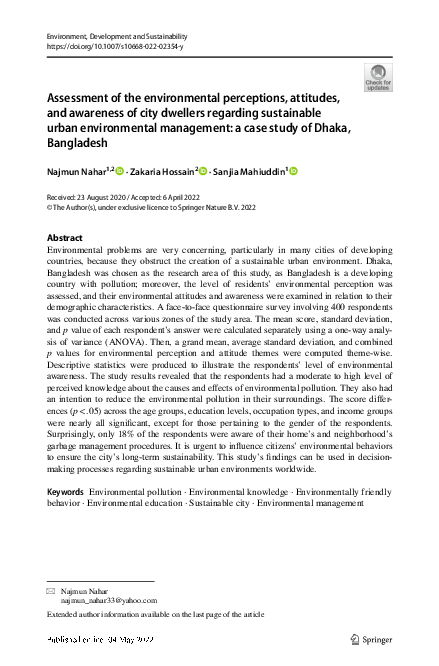 (PDF) Assessment of the environmental perceptions, attitudes, and awareness of city dwellers ...