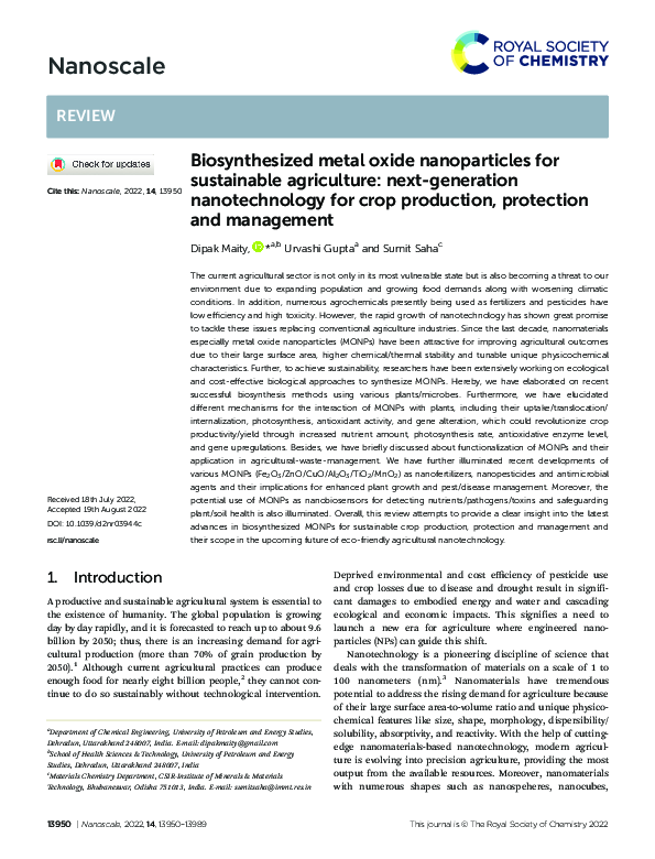 (PDF) Biosynthesized metal oxide nanoparticles for sustainable agriculture: next-generation ...