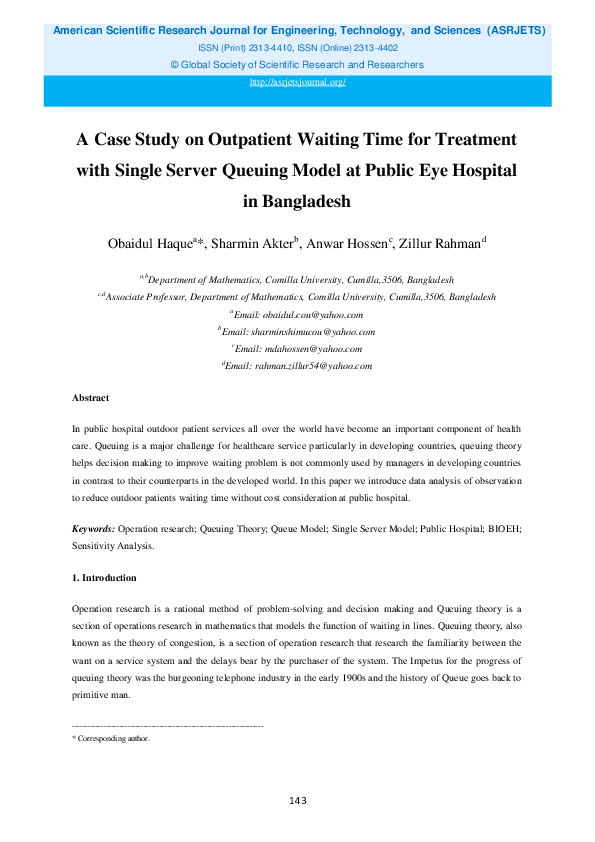 (PDF) A Case Study on Outpatient Waiting Time for Treatment with Single Server Queuing Model at ...