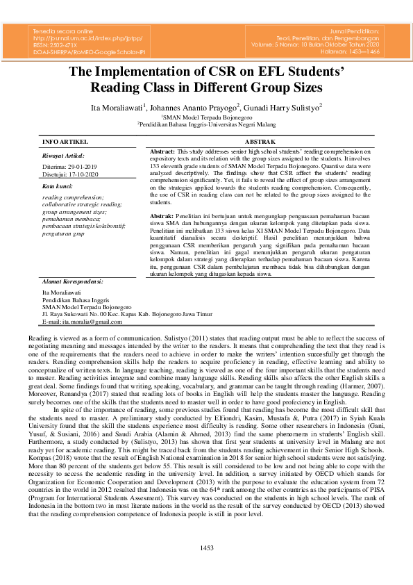 (PDF) The Implementation of CSR on EFL Students’ Reading Class in ...