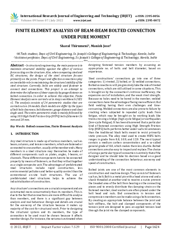 (PDF) FINITE ELEMENT ANALYSIS OF BEAM-BEAM BOLTED CONNECTION UNDER PURE MOMENT