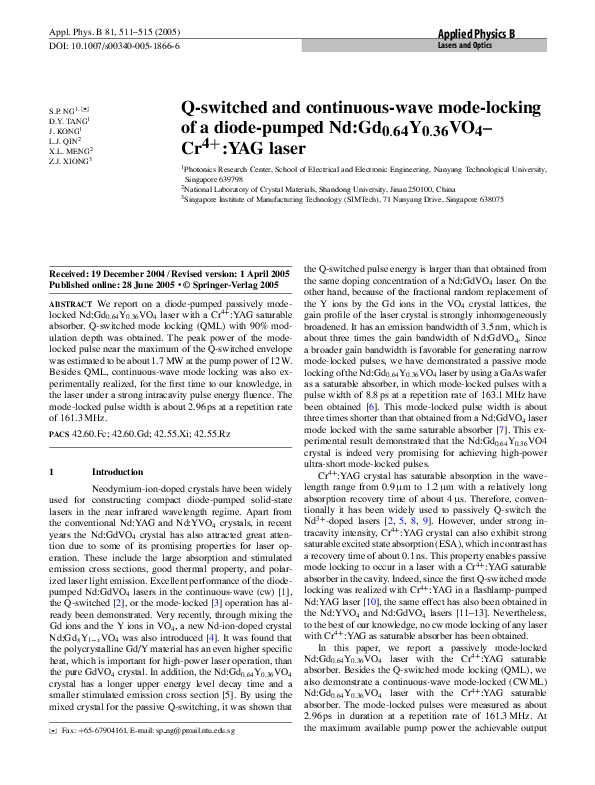 (PDF) Q-switched and continuous-wave mode-locking of a diode-pumped Nd:Gd0.64Y0.36VO4−Cr4+:YAG laser