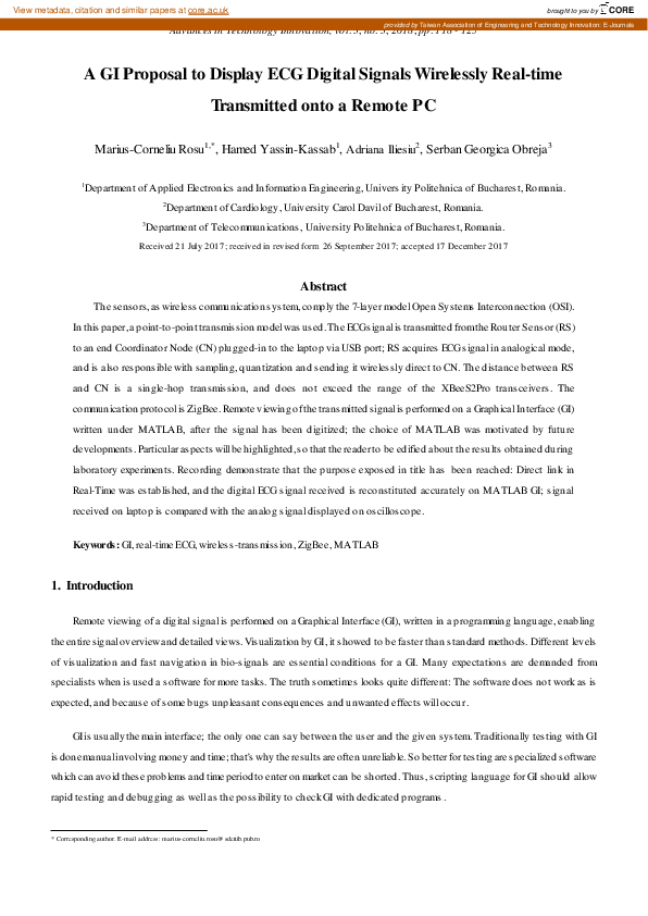 (PDF) A GI Proposal to Display ECG Digital Signals Wirelessly Real-time Transmitted onto a Remote PC