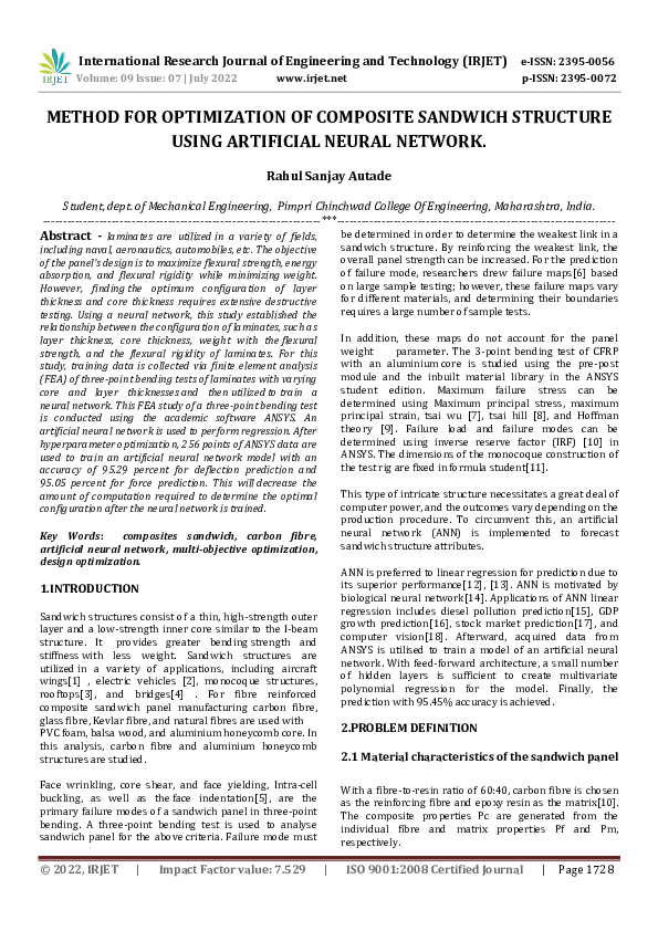 (PDF) METHOD FOR OPTIMIZATION OF COMPOSITE SANDWICH STRUCTURE USING ARTIFICIAL NEURAL NETWORK