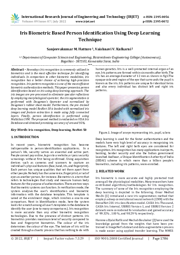 Pdf Iris Biometric Based Person Identification Using Deep Learning Technique