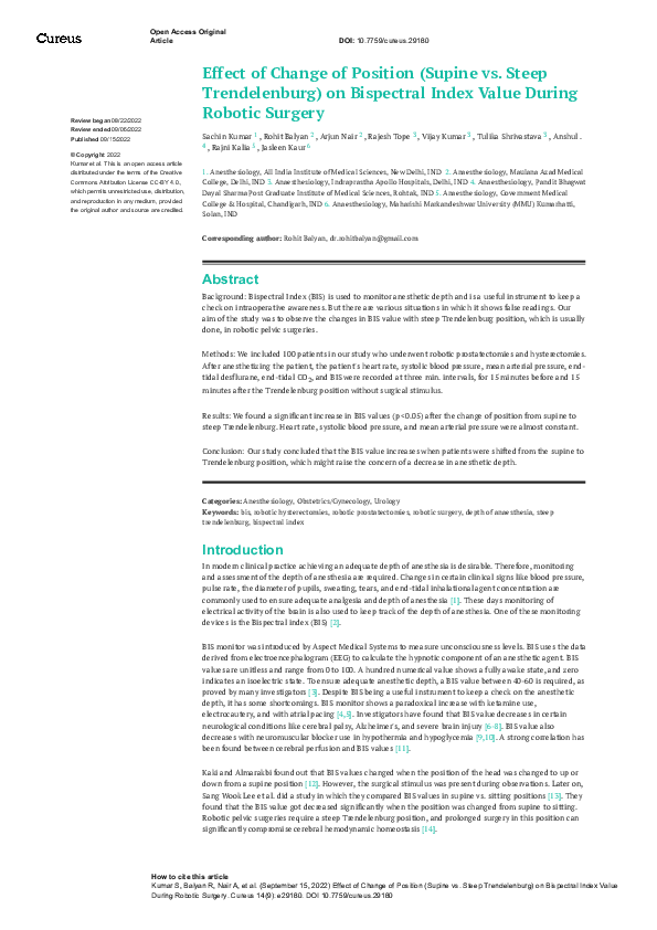 (PDF) Effect of Change of Position (Supine vs. Steep Trendelenburg) on ...