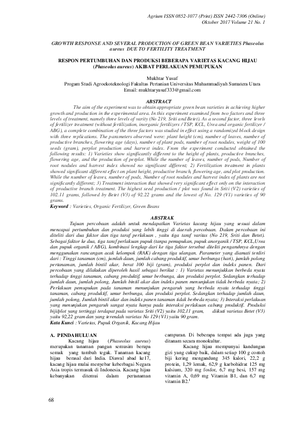 (PDF) GROWTH RESPONSE AND SEVERAL PRODUCTION OF GREEN BEAN VARIETIES ...