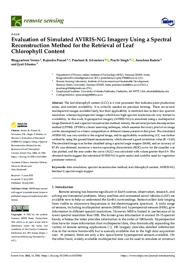 Pdf Evaluation Of Simulated Aviris Ng Imagery Using A Spectral Reconstruction Method For The